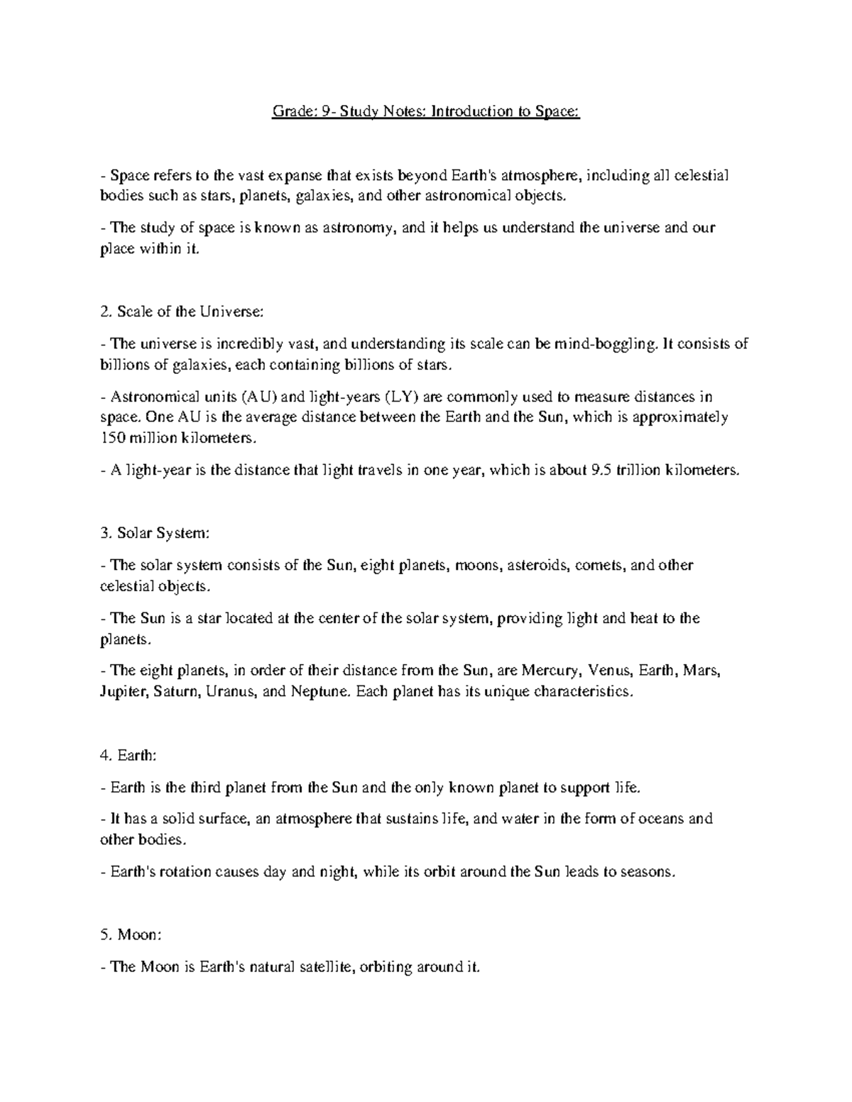Grade 9 Astronomy Study Notes: Intro to Space Concepts - Studocu