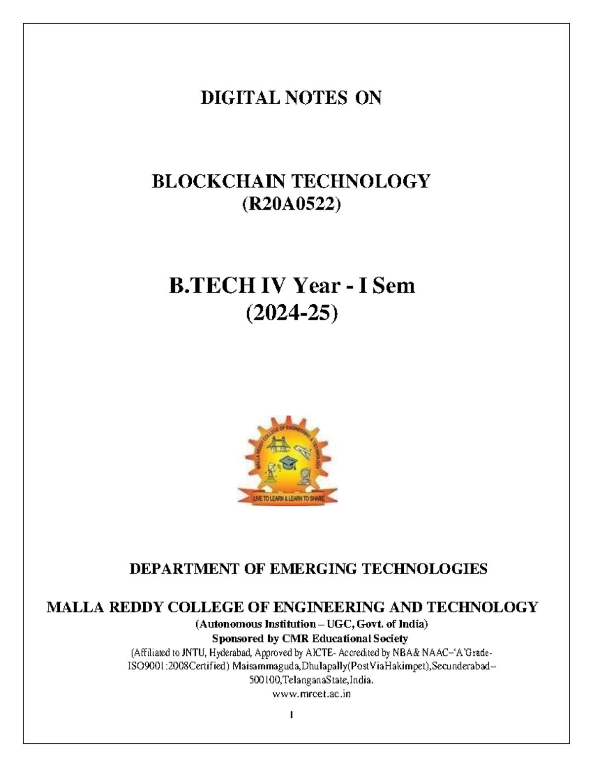 R20 IV I Blockchain Technology Lecture Notes for B.Tech CSE (2024-25 ...