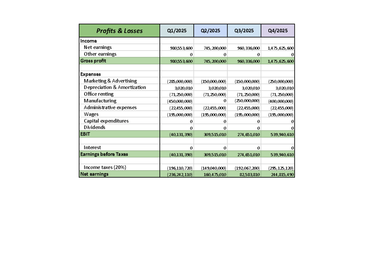 Income Statement 2025.xlsx - Google Sheets - Profits & Losses Q1/2025 ...