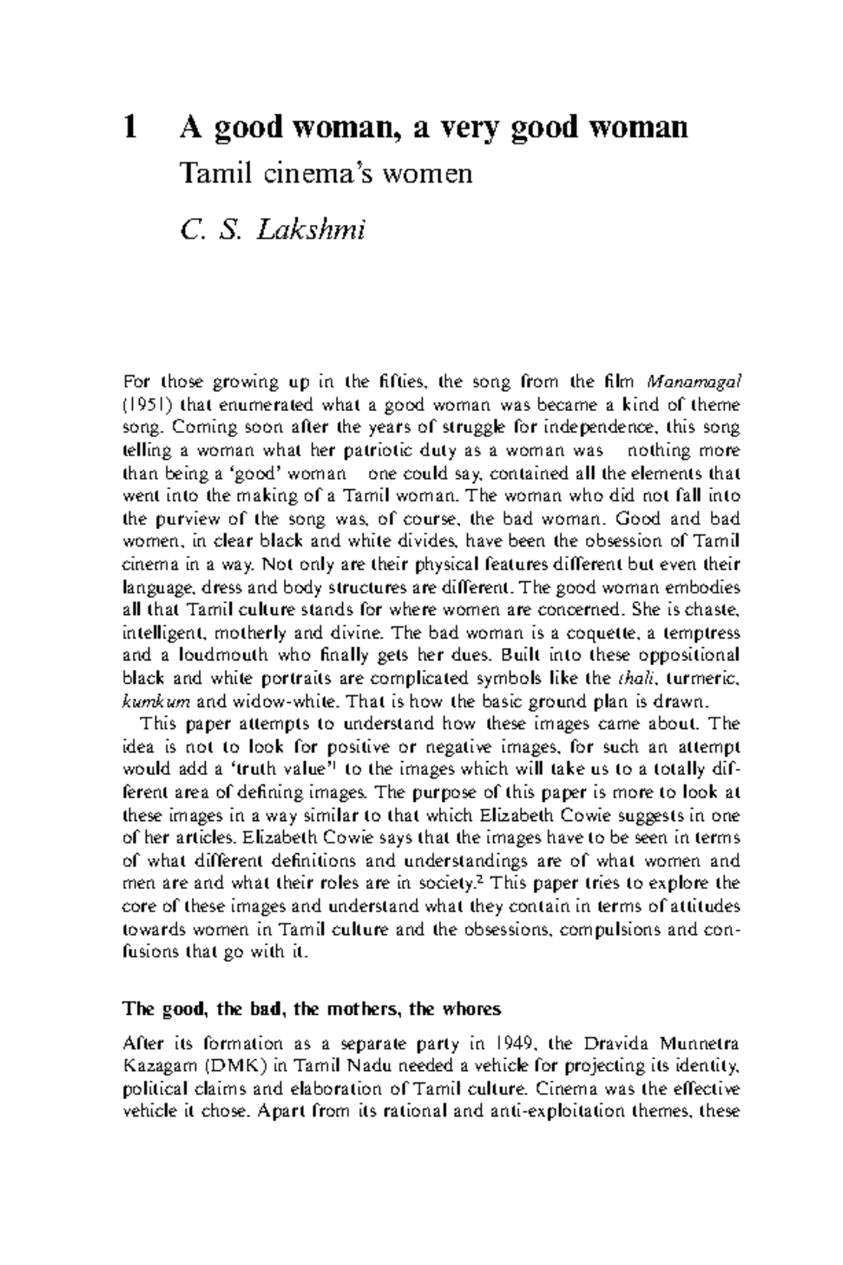 CS Lakshmi's Analysis of Women's Roles in Tamil Cinema (2009) - Studocu