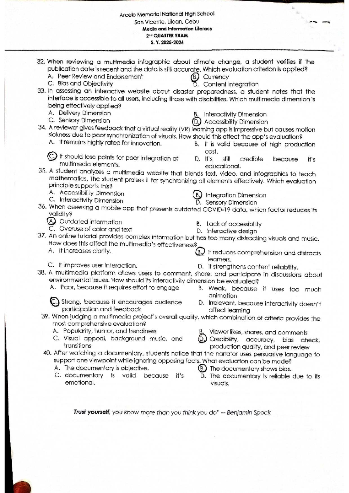 Media and Information Literacy 2nd Quarter Exam - Arcelo Memorial High ...