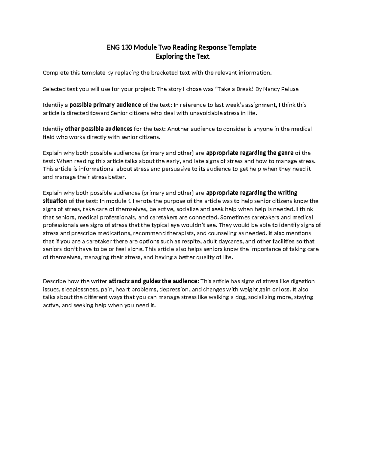 ENG 130 Module Two Reading Response - Selected text you will use for ...