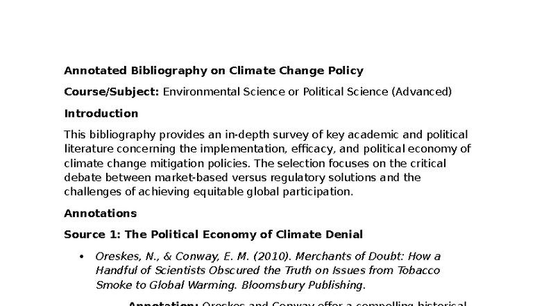Annotated Bibliography on Climate Change Policy (ENV 301) - Studocu