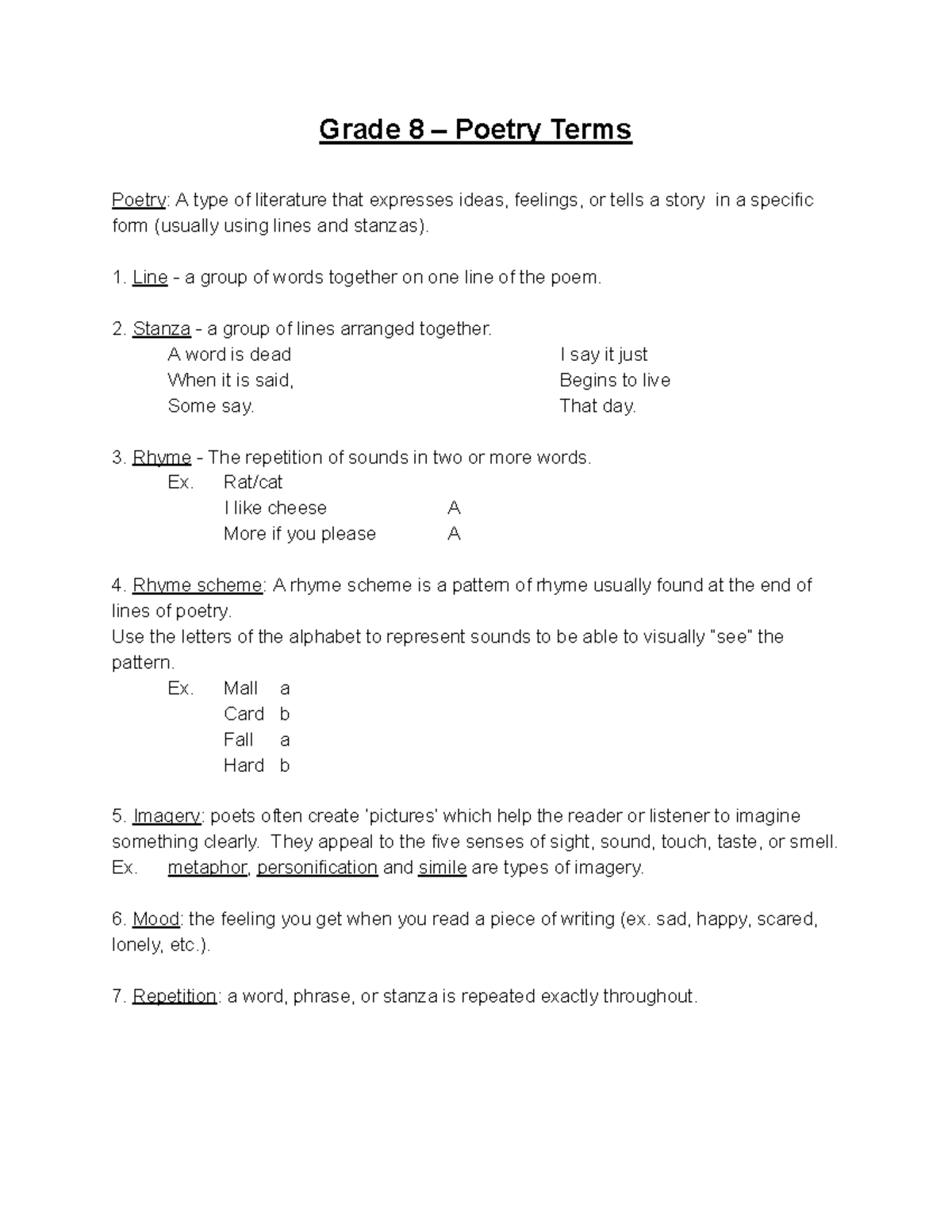 Grade 8 English: Key Poetry Terms and Definitions Guide - Studocu
