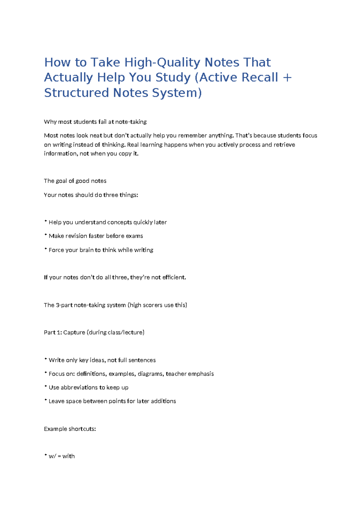 Note-Taking Strategies for Effective Study: Active Recall System - Studocu