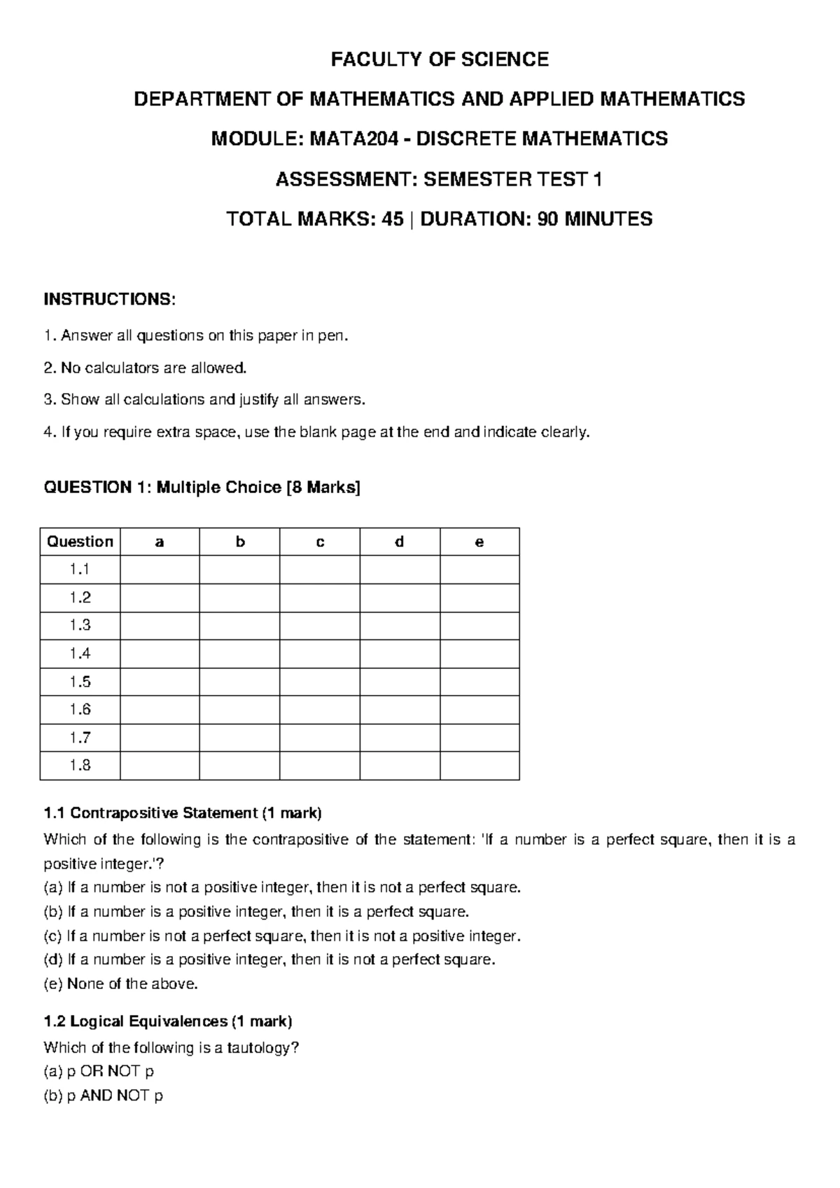 MAT02A2 LINEAR ALGEBRA FINAL ASSESSMENT SEMESTER TEST - Studocu