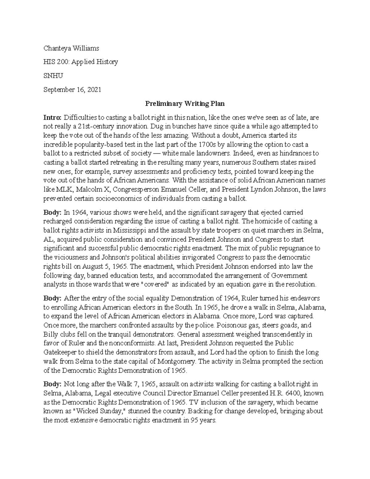 MOD 3 HIS 200 Writing Plan - Chanteya Williams HIS 200: Applied History ...