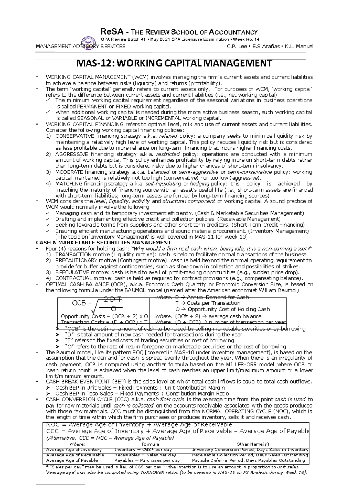 MAS-12 Working Capital Management Lecture Notes and Key Concepts - Studocu