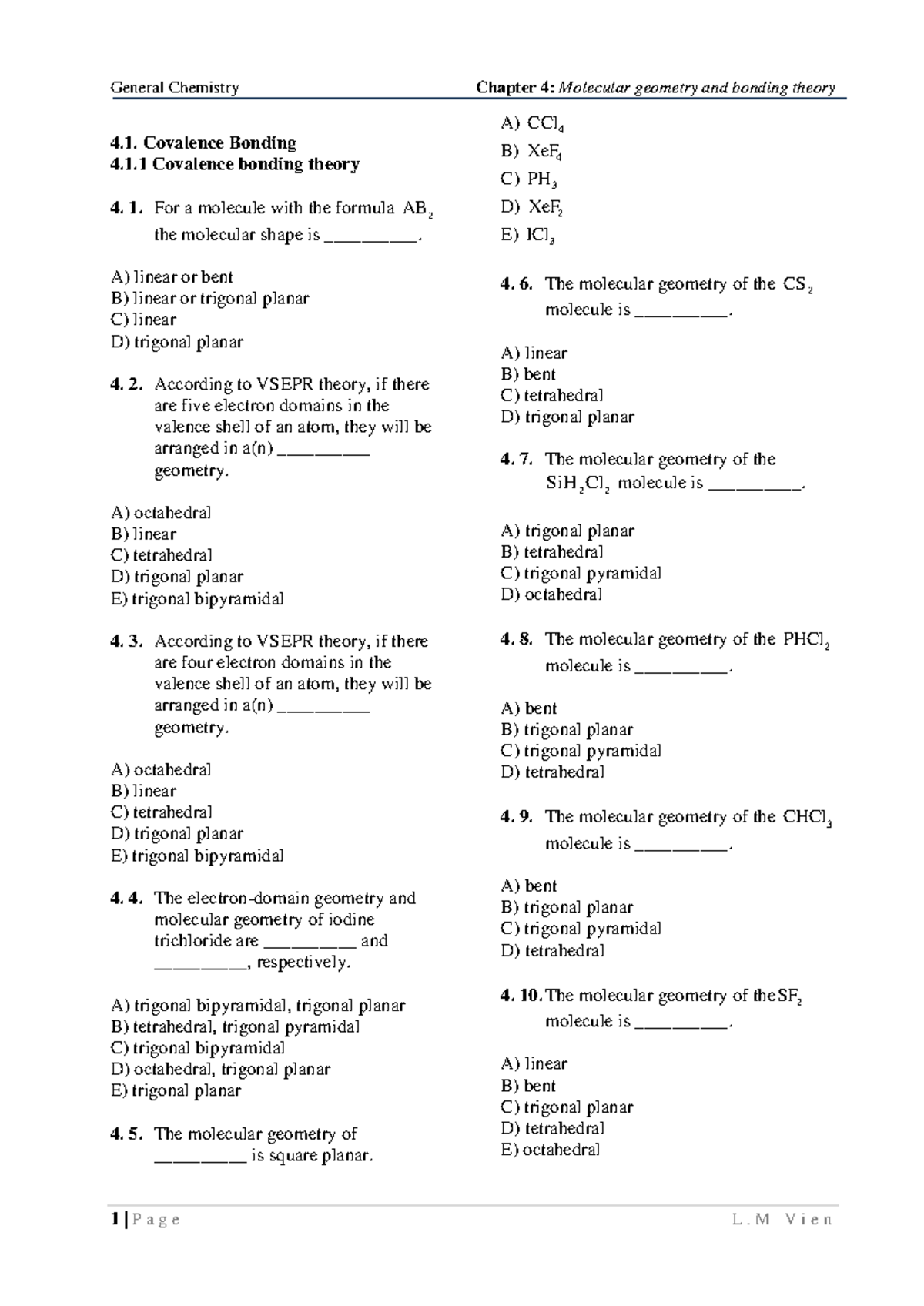 Bai tap Ch04 molecular geometry and bonding theory - Covalence Bonding ...