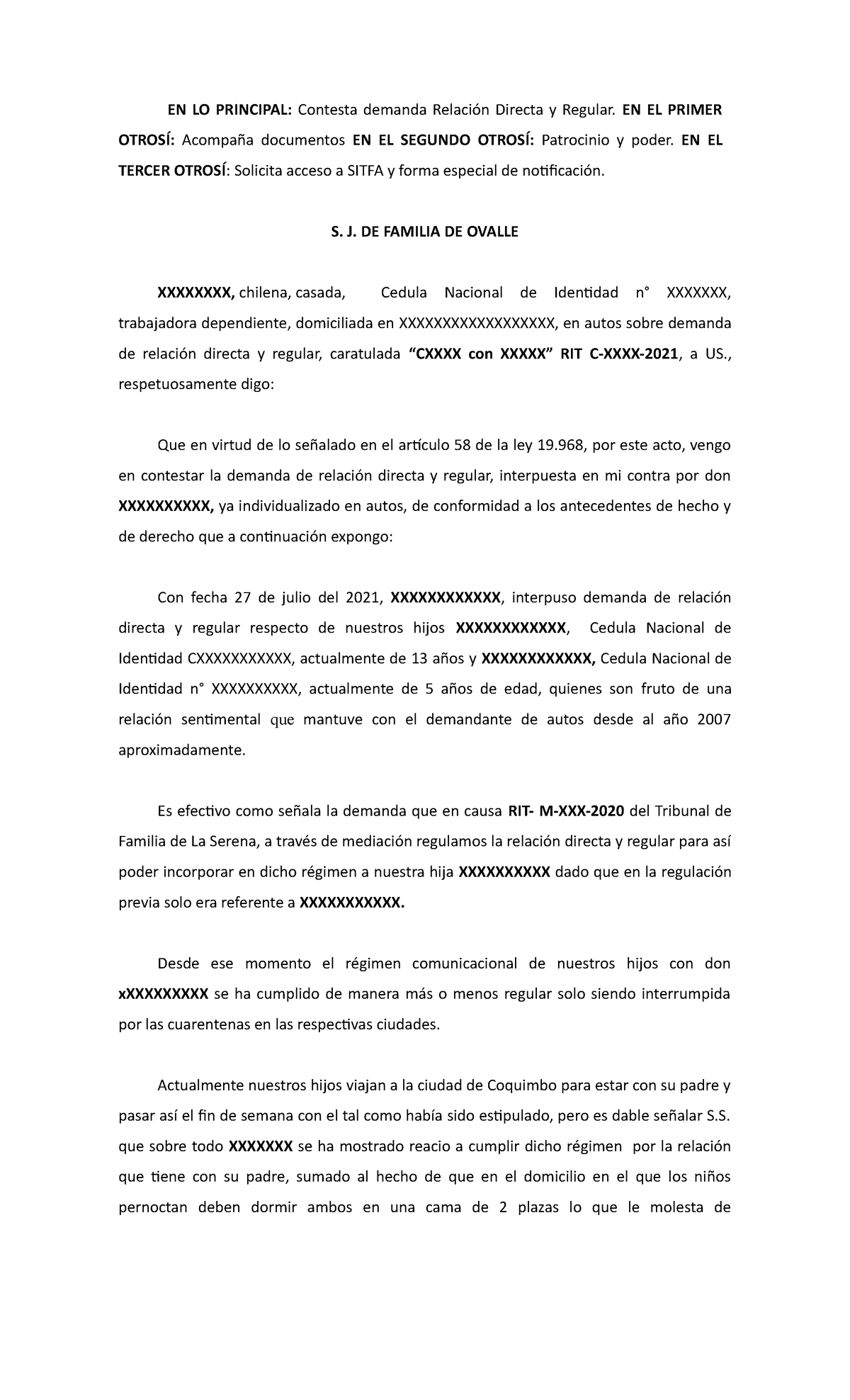 Contestación Demanda Relación Directa y Regular - CXXXX con XXXXX - Studocu