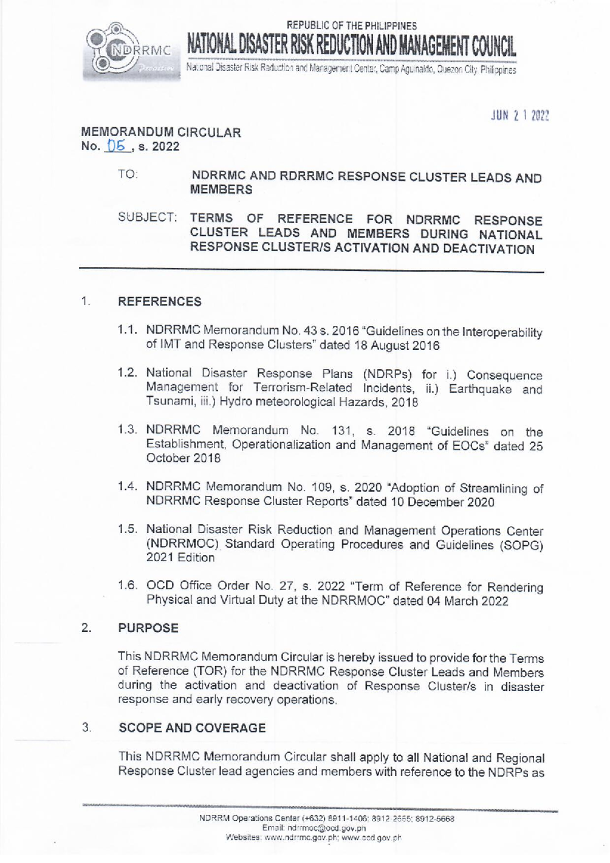 NDRRMC Memorandum Circular No. 05, S. 2022: TOR for Response Clusters ...