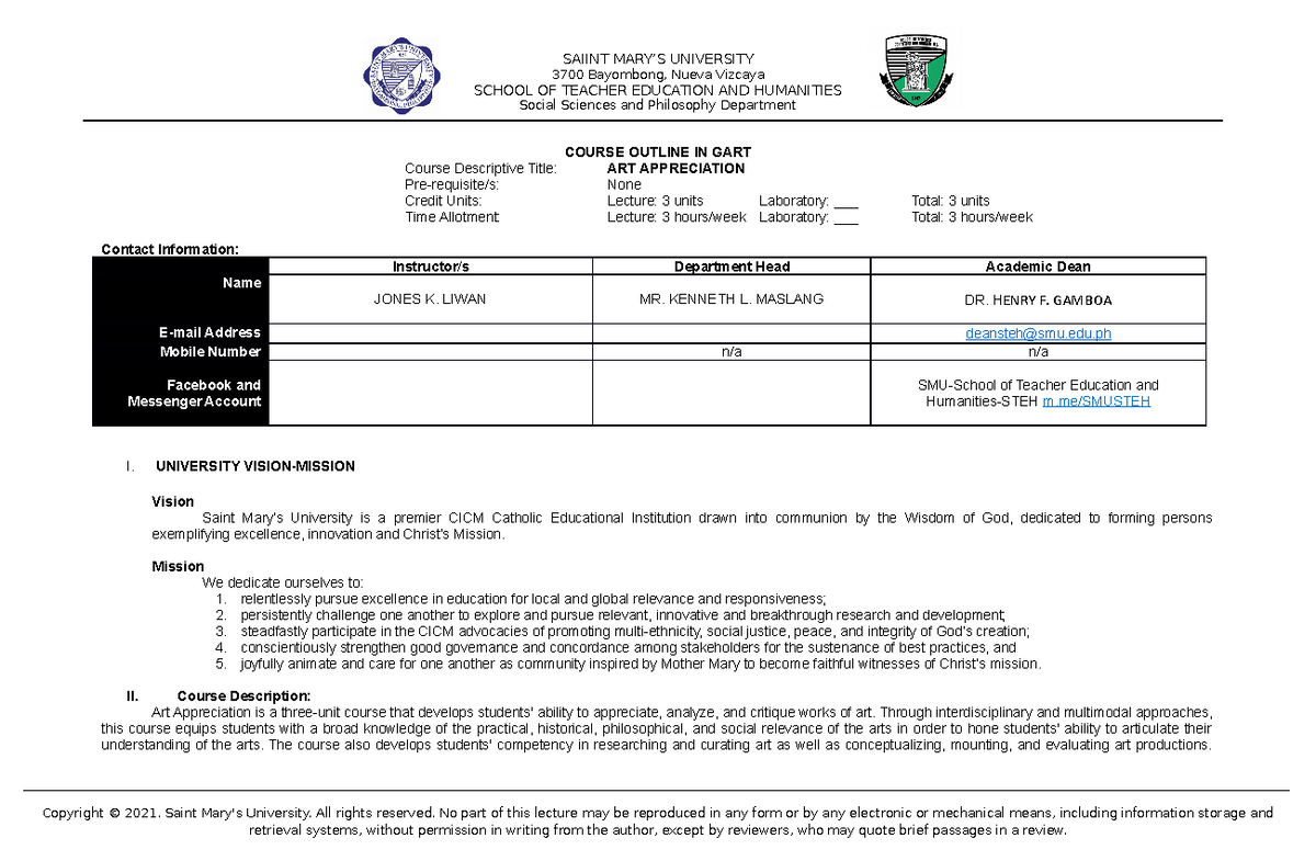 6410 and 6019 Course Outline Art Appreciation - 3700 Bayombong, Nueva Vizcaya SCHOOL OF TEACHER ...