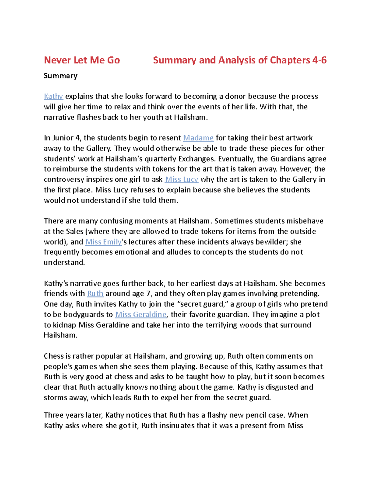 Never Let Me Go: Summary & Analysis of Chapters 4 Insights - Studeersnel