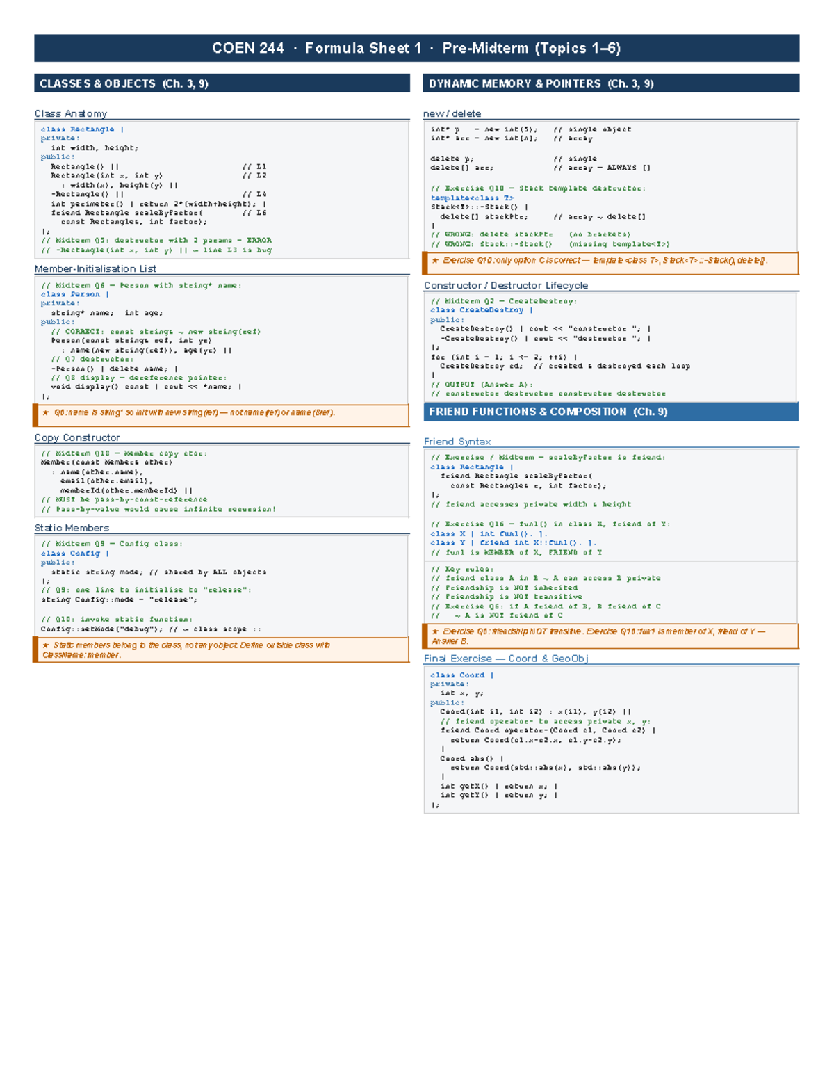 COEN 244 Midterm Formula Sheet: Classes, Pointers, and Memory - Studocu