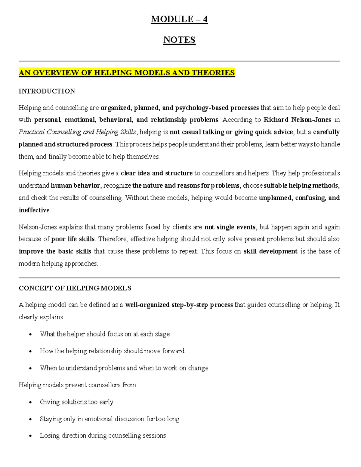Module 4 Notes: Overview of Helping Models & Theories - Studocu