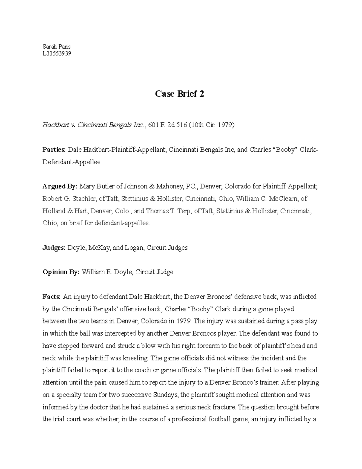 Case Brief 2: Hackbart v. Cincinnati Bengals Inc (1979) Analysis - Studocu
