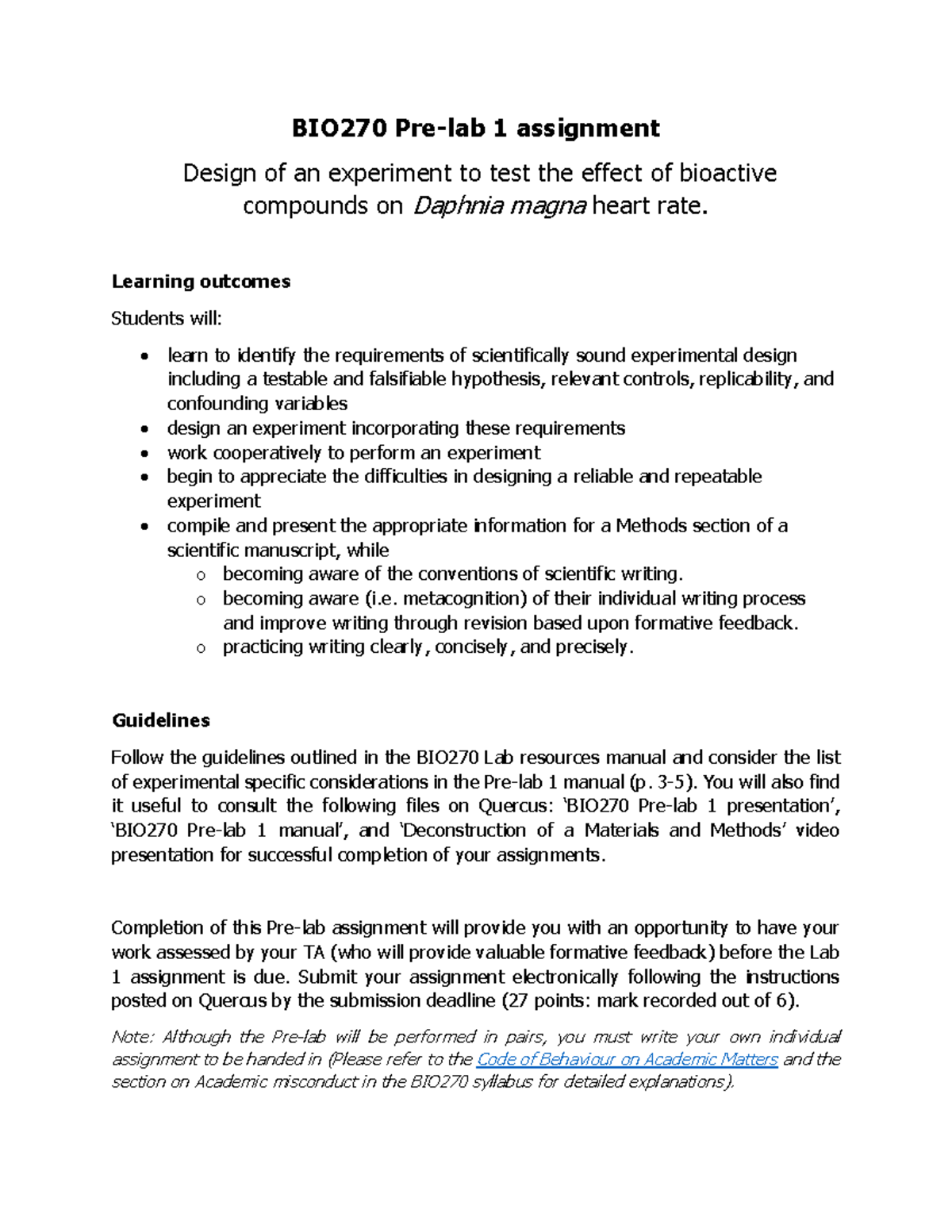 BIO270 Pre-Lab 1 Assignment: Experiment Design on Daphnia Heart Rate ...