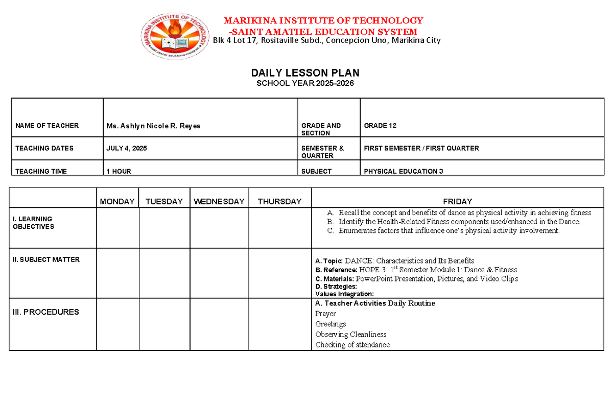 DLL - WEEK 2 PE3: Daily Lesson Plan for Physical Education 3 - Studocu