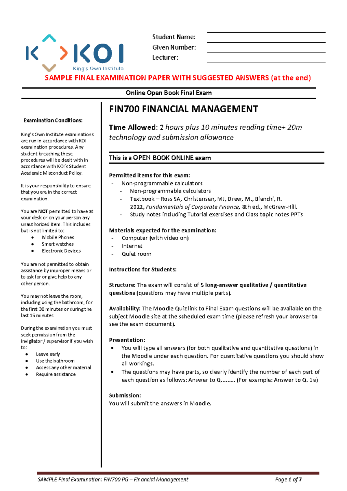 FIN700 Online Open Book Sample Final Exam with Suggested Answers - Studocu