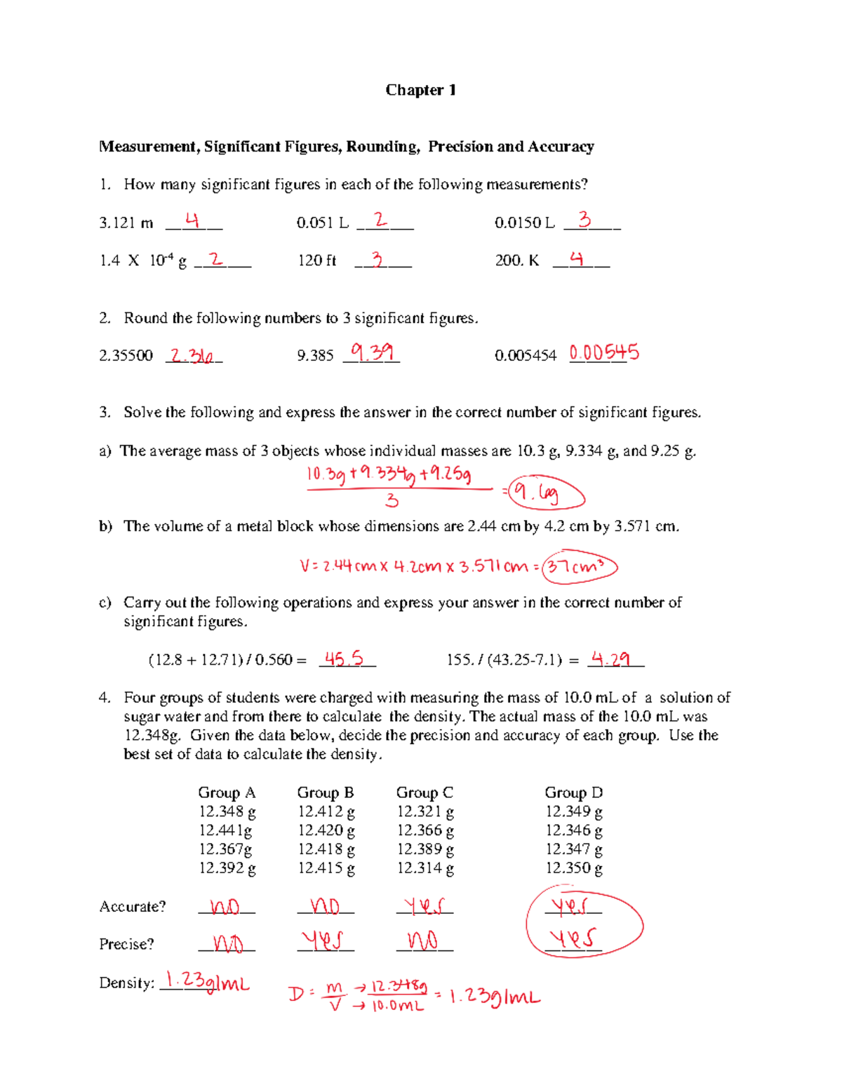 Chapter 1 chem 201 - hw practice on chap 1 - Chapter 1 Measurement ...