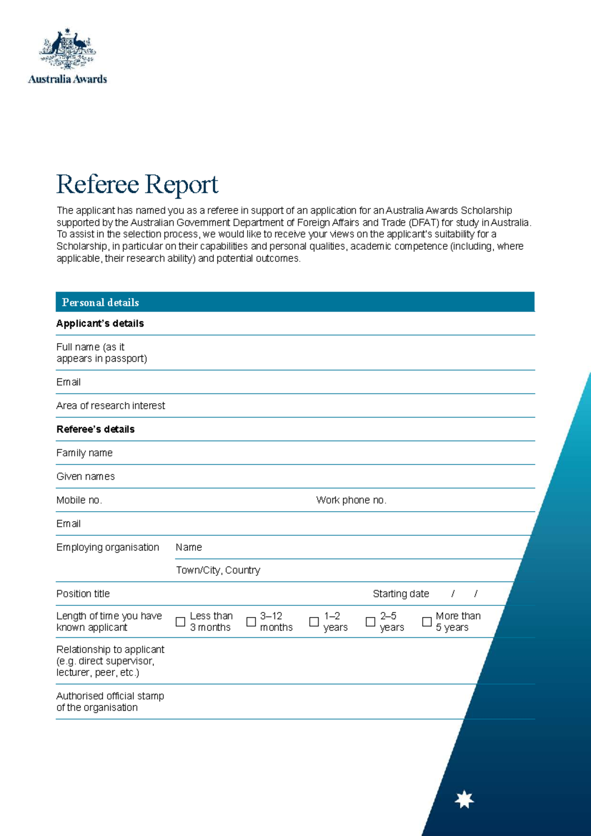 Referee Report Template for Australia Awards Scholarship 2027 - Studocu