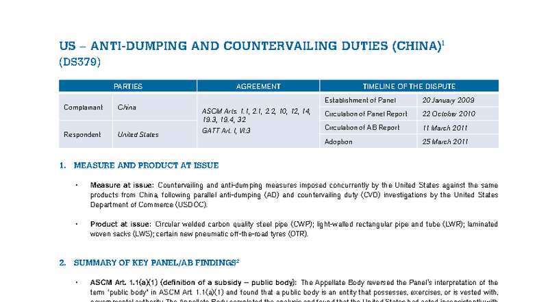 US AND COUNTERVAILING DUTIES (DS379) - CHINA DISPUTE ANALYSIS - Studocu