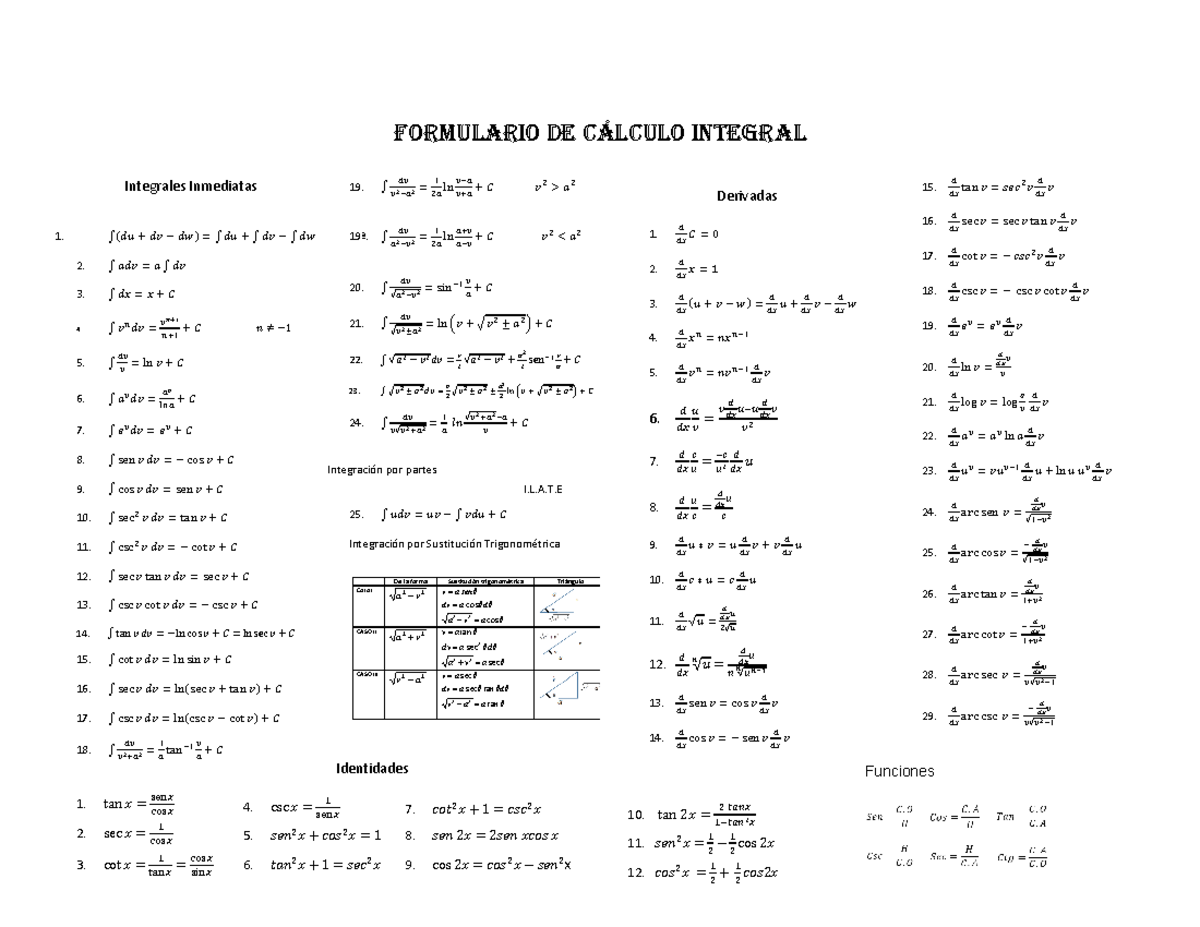 Formulario de Cálculo Integral y Diferencial - Resumen Completo - Studocu