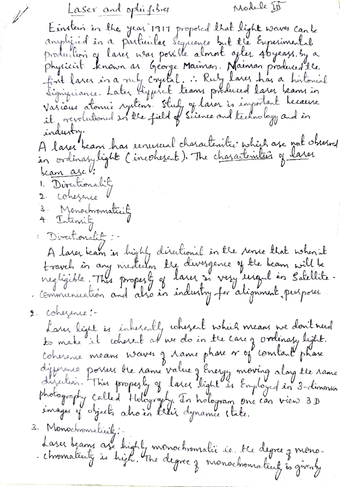 Module 1-Lasers & optical fibres Handwritten - applied physics for cse - ~ ~ ~ t£ ~tr-,1 f ...