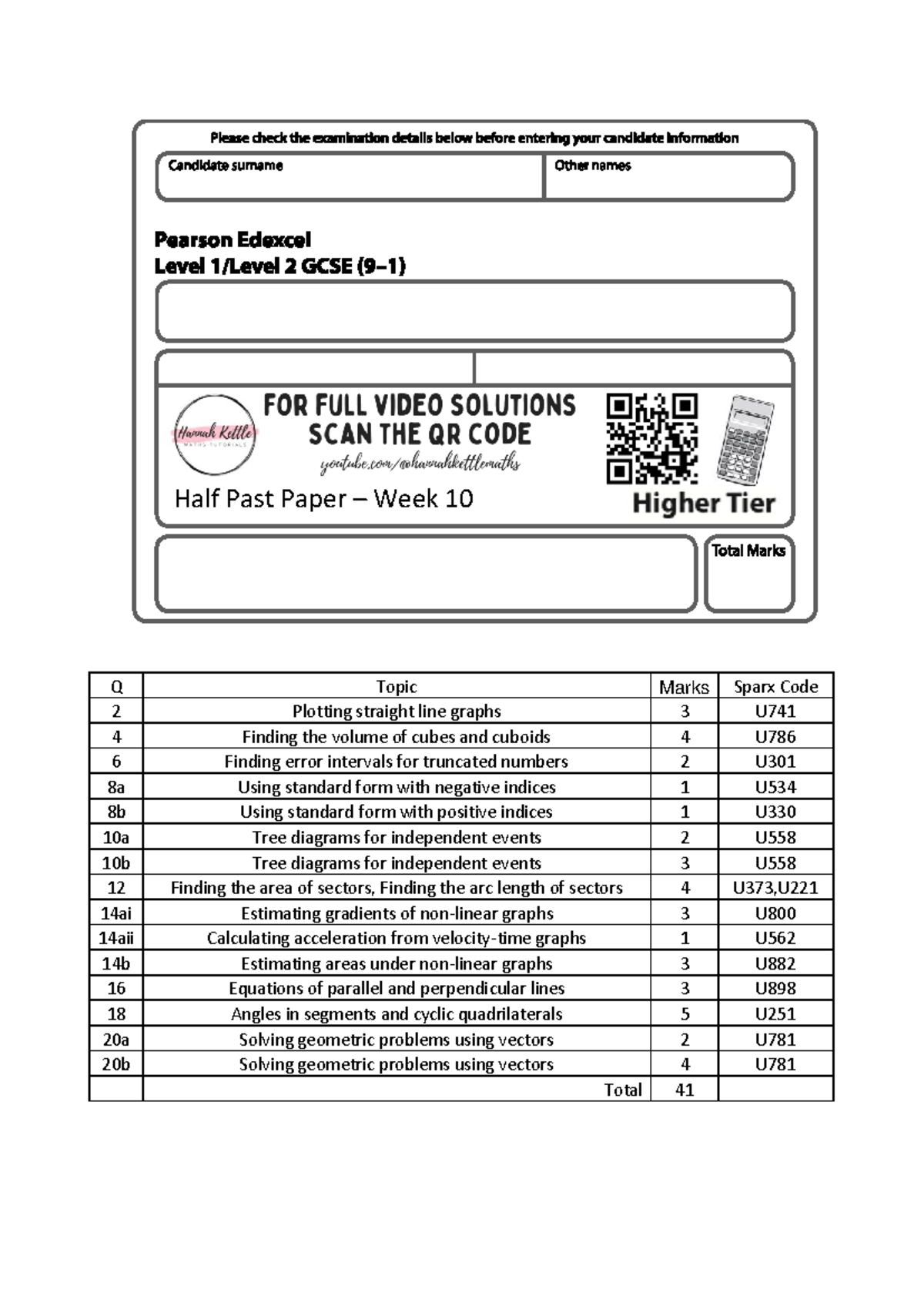 Half Past Paper Week 10: Q2, 4, 6, 8a, 8b, 10a, 10b, 12, 14ai, 14aii ...