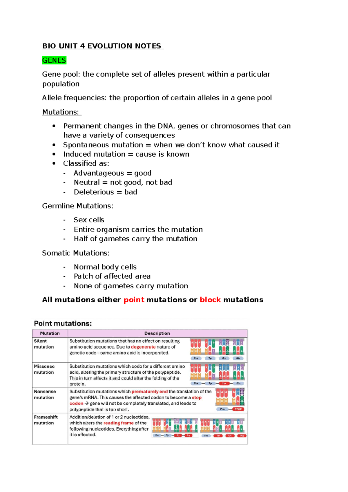 BIO UNIT 4 EVOLUTION NOTES: GENES, MUTATIONS, AND SPECIATION - Studocu