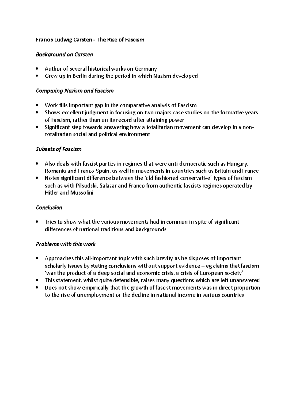 European Fascism Notes - Francis Ludwig Carsten - The Rise of Fascism ...