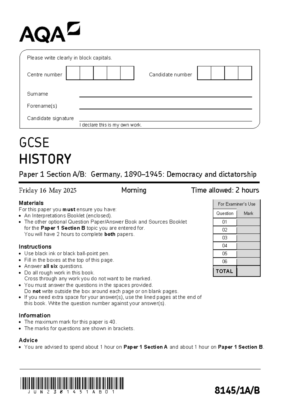 AQA GCSE History 2025 Paper 1: Germany, Democracy & Dictatorship - Studocu