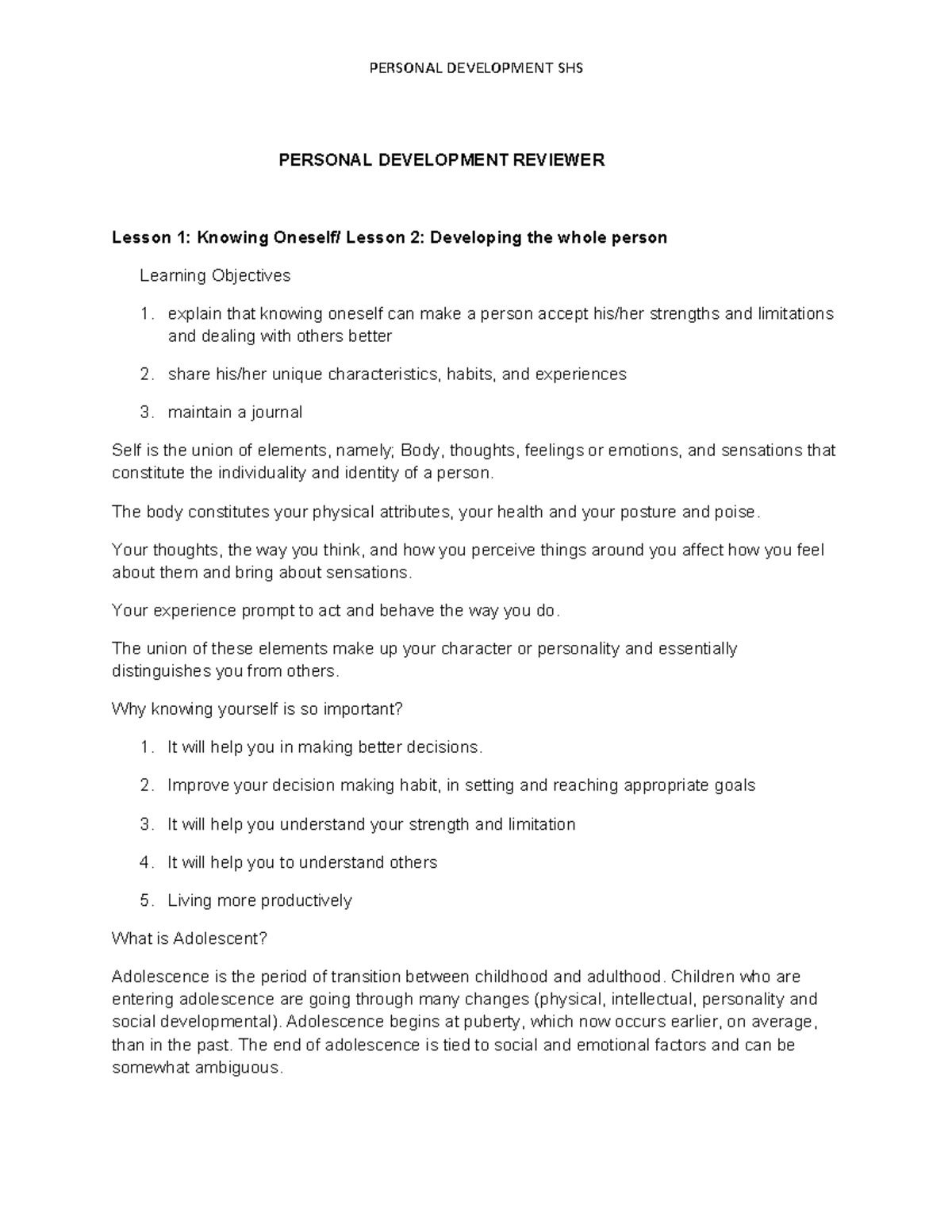 Personal Development Reviewer (PD 101): A Comprehensive Study Guide ...