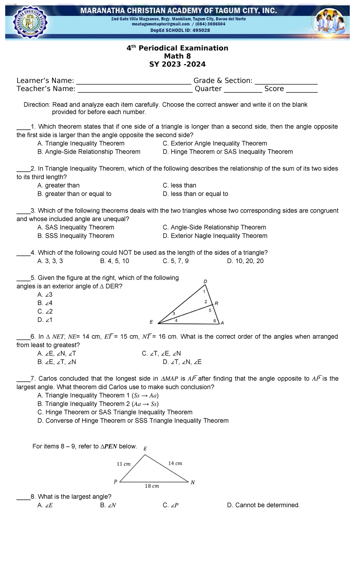 Math 8-4th Periodical Exam - 4 th Periodical Examination Math 8 SY 2023 ...