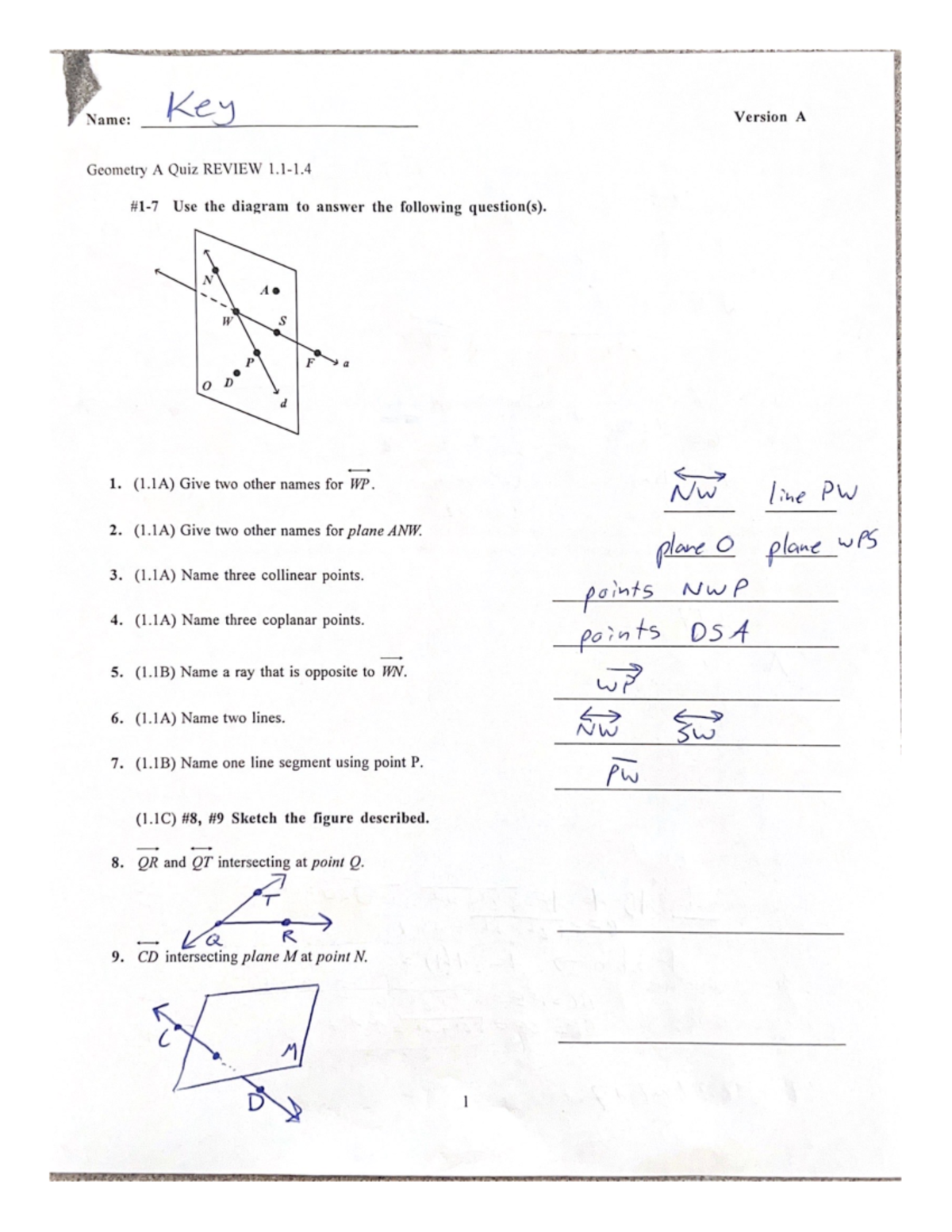 Geometry 1.1-1.4 Quiz Review Answers - Name: Key Version A Geometry A ...