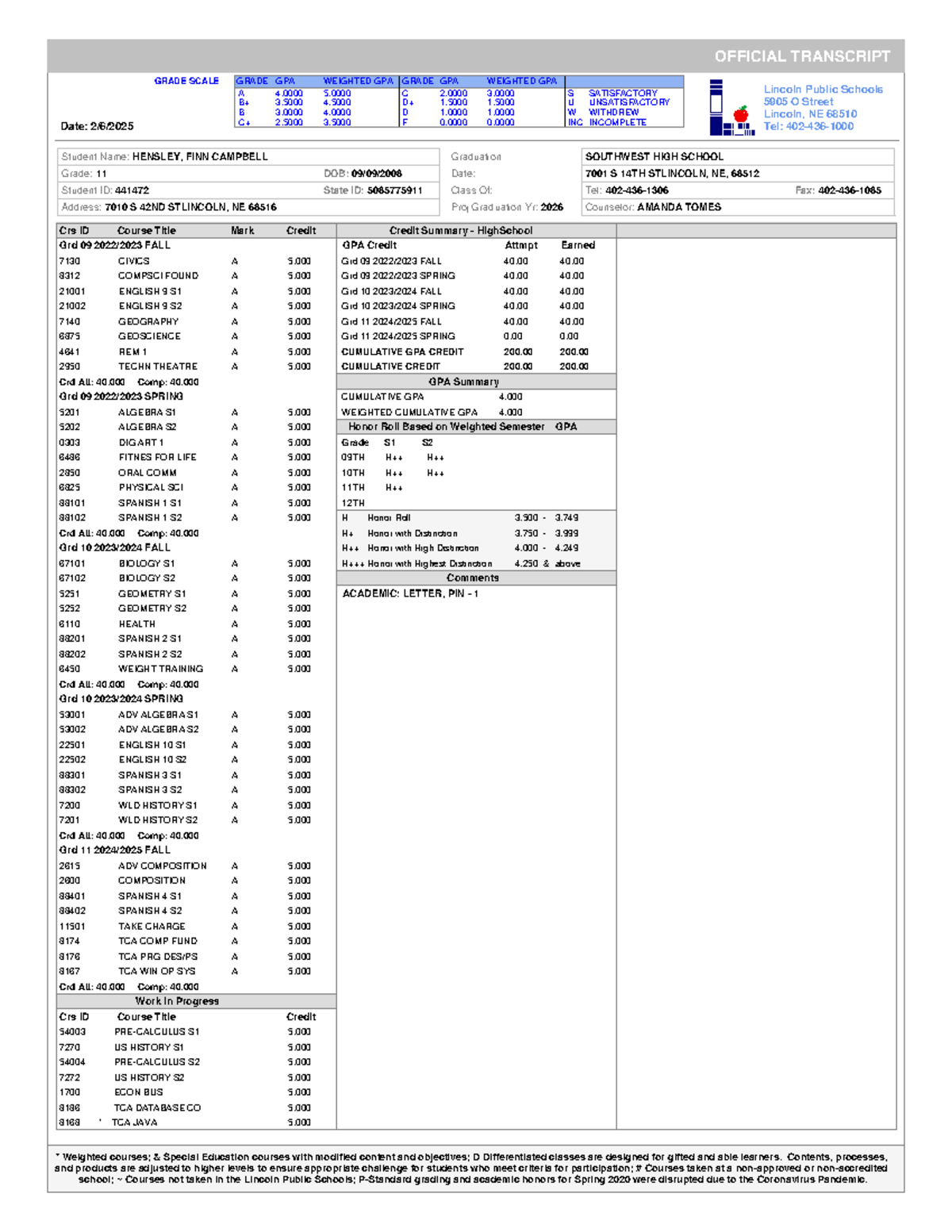 Finn Hensley Official Transcript - Grade 11 (2025) Summary - Studocu