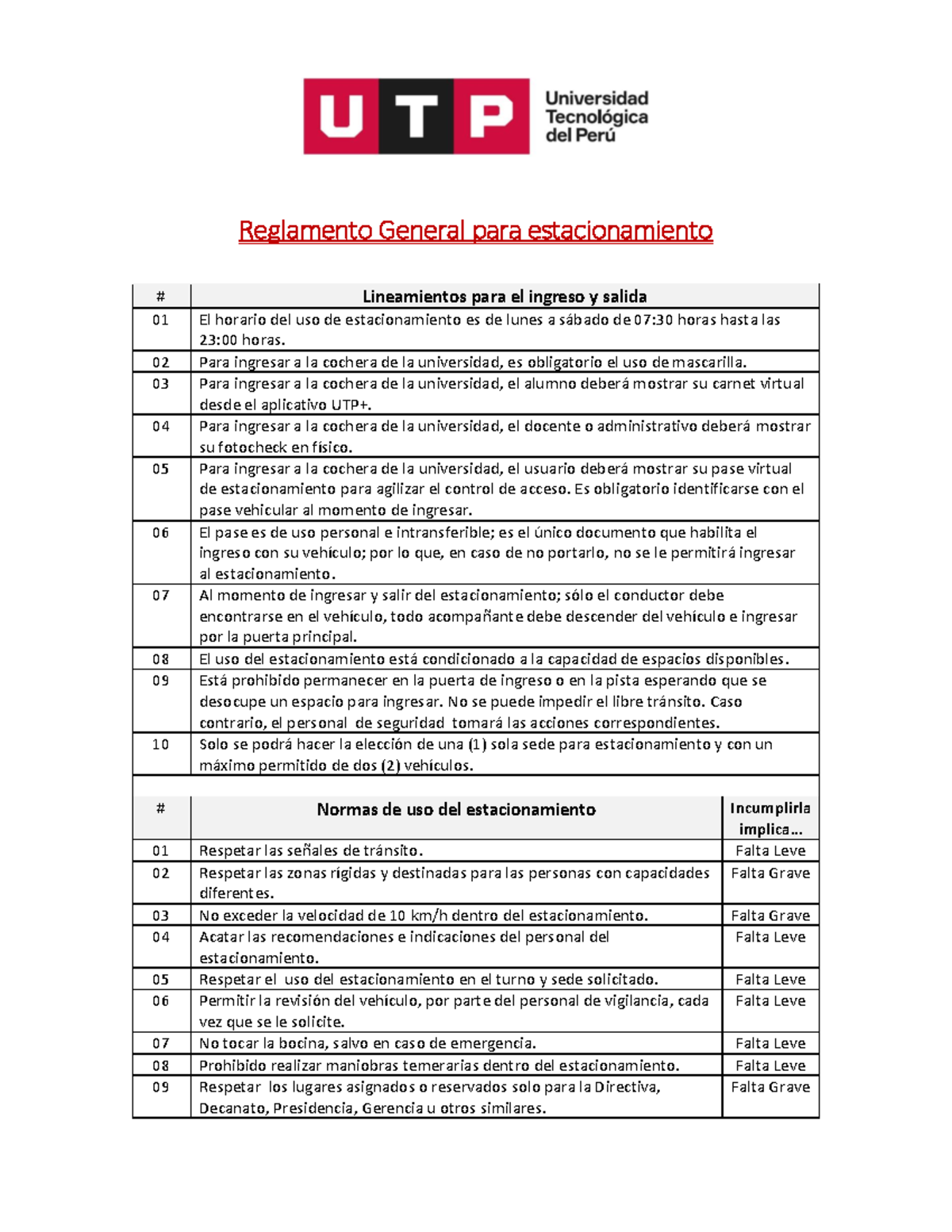 Reglamento y Política General para estacionamiento-2022 - Reglamento General para ...