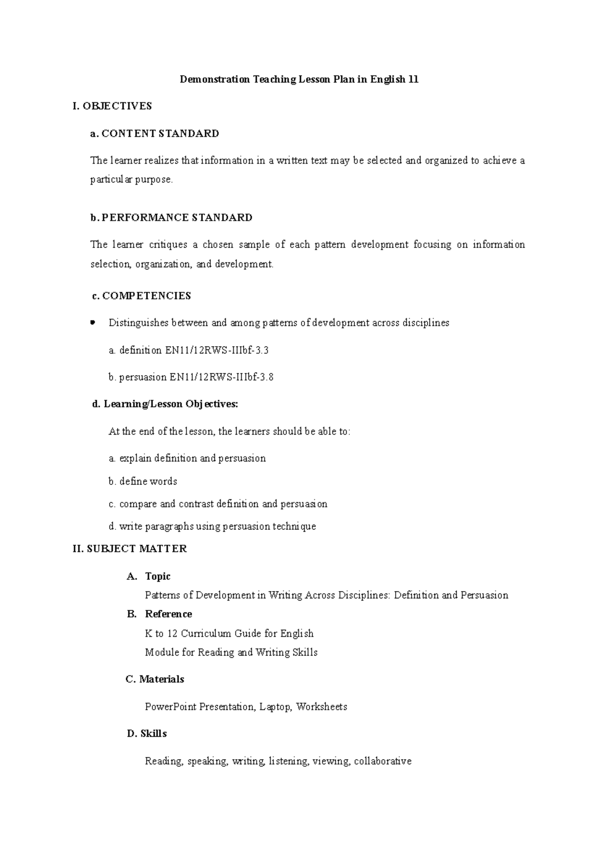 DLP- English-11- Lesson Plan on Definition and Persuasion Techniques ...