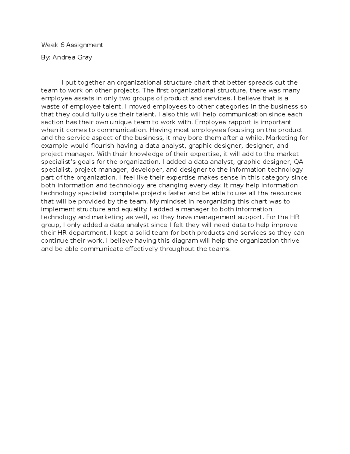 Organizational Structure Paper - Week 6 Assignment By: Andrea Gray I ...
