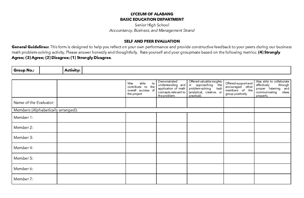 Self and Peer Evaluation Guidelines - Busmath - PT1 - Studocu