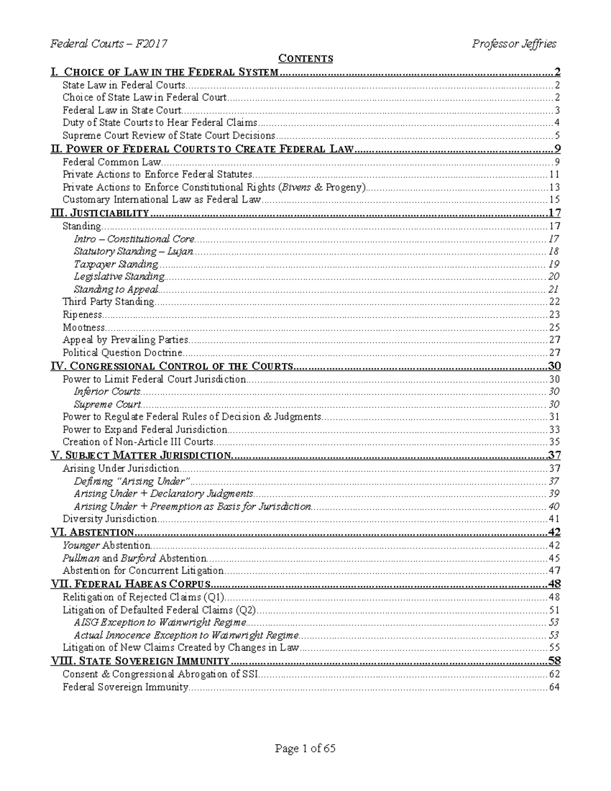 Federal Courts Jeffries 2017 - CONTENTS I. CHOICE OF LAW IN THE FEDERAL ...