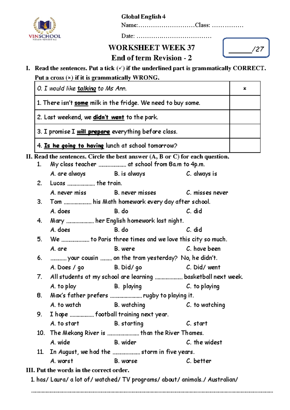S4 W37 Final Revision Worksheet for Global English 4 - Studocu