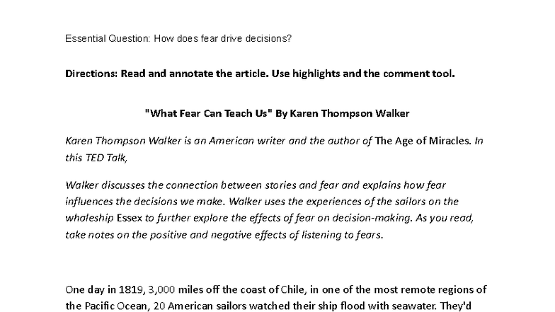 What Fear Can Teach Us - Comprehension & Response Questions (ENG 101 ...