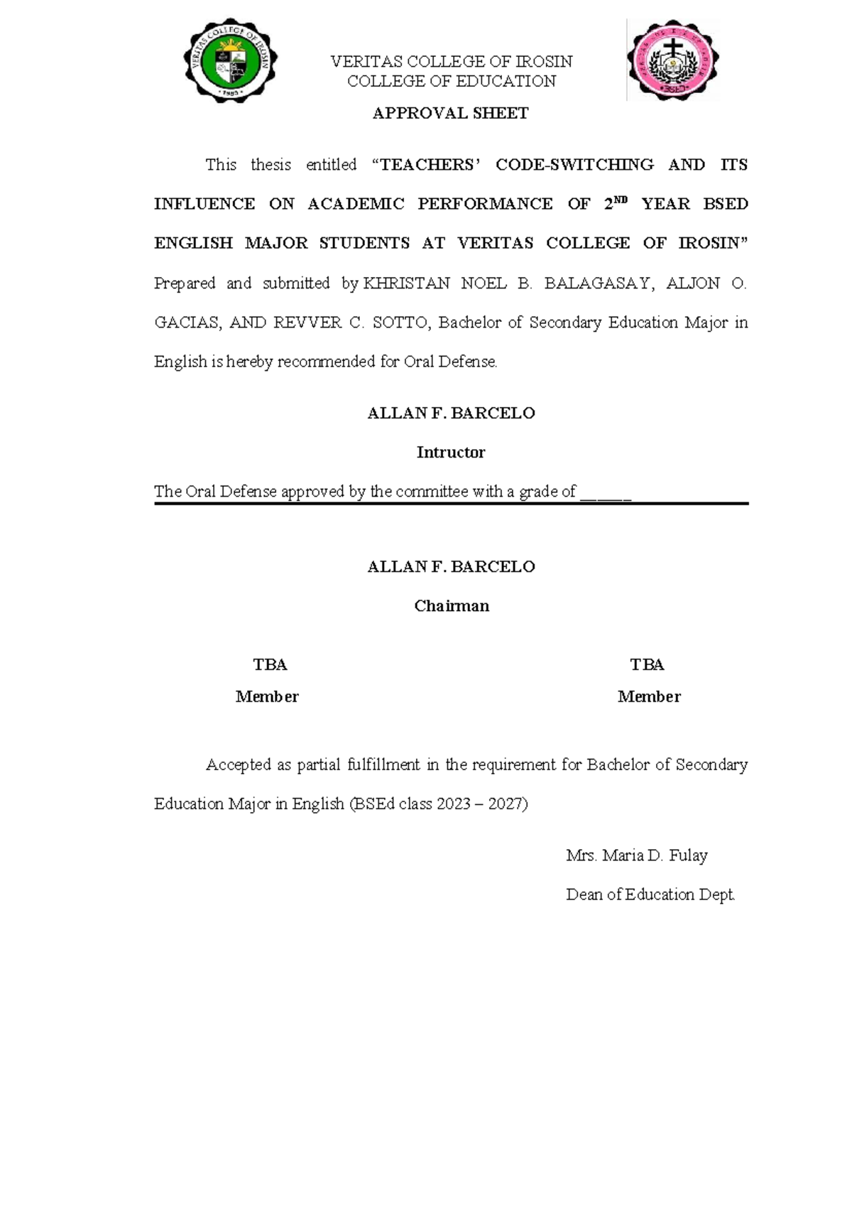 Influence of on Academic Performance of BSEd English Majors at Veritas ...