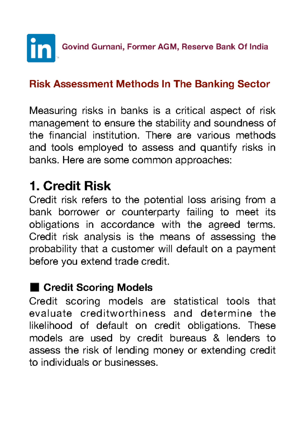 Risk Assessment Methods in Banking Sector (FIN 1716313865) - Studocu