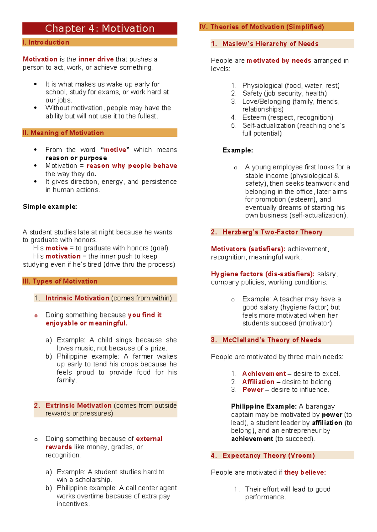 HBO Midterms Notes: Chapter 4 - Theories of Motivation Simplified - Studocu