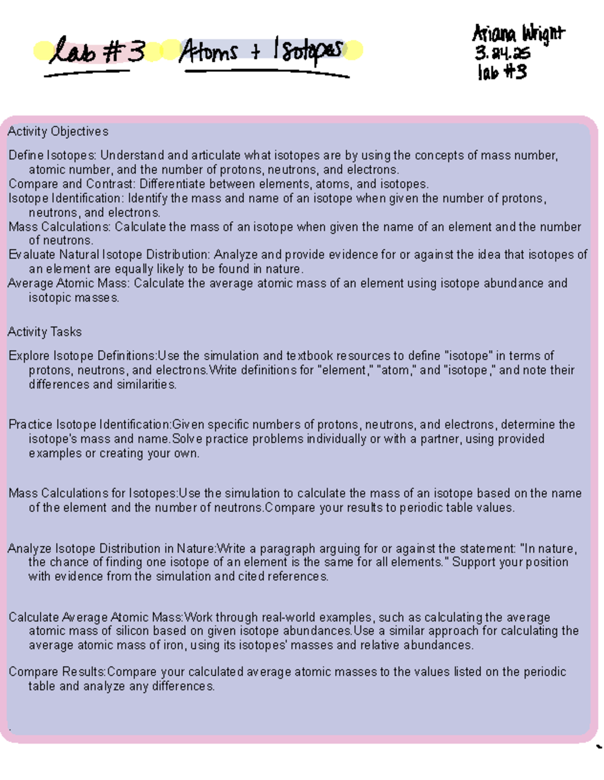 Atoms and Isotopes Lab #3: Understanding Isotopes and Mass Calculations ...