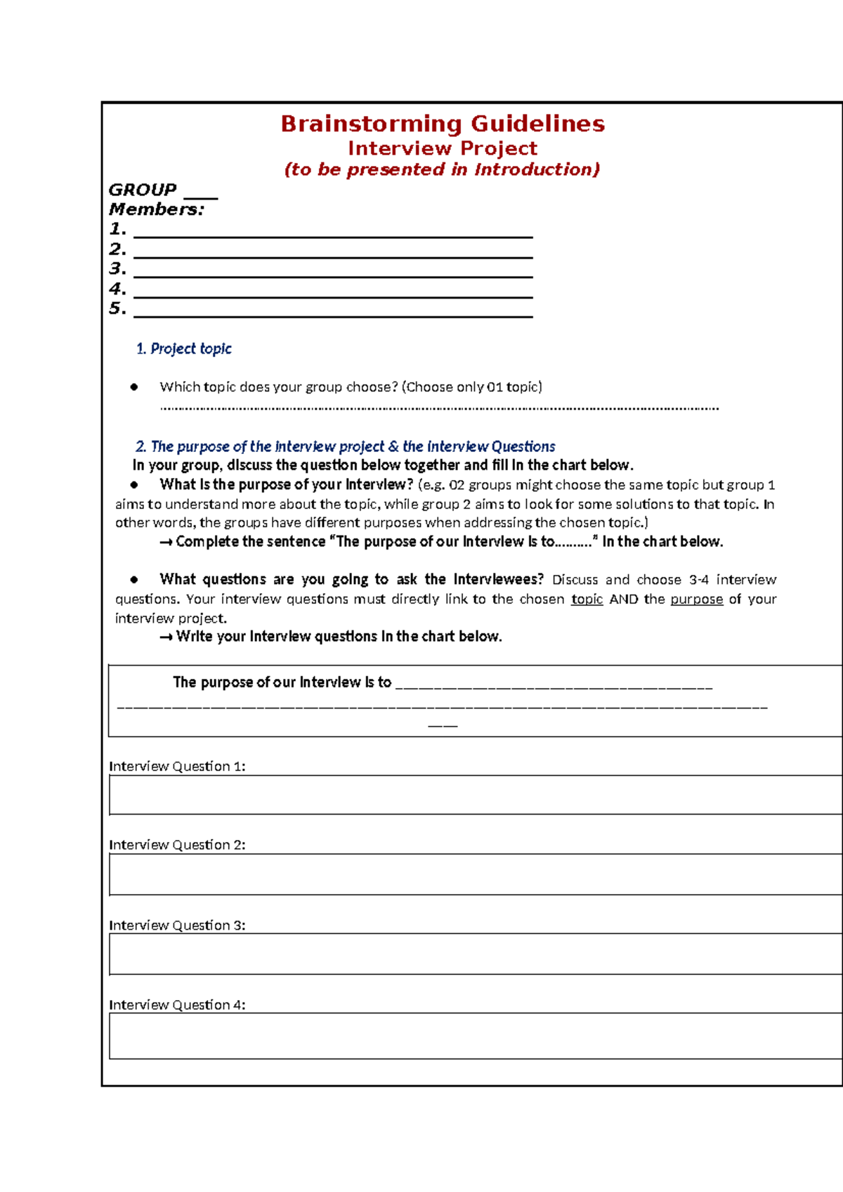 Brainstorming Guidelines for Interview Project (Intro Course) - Studocu