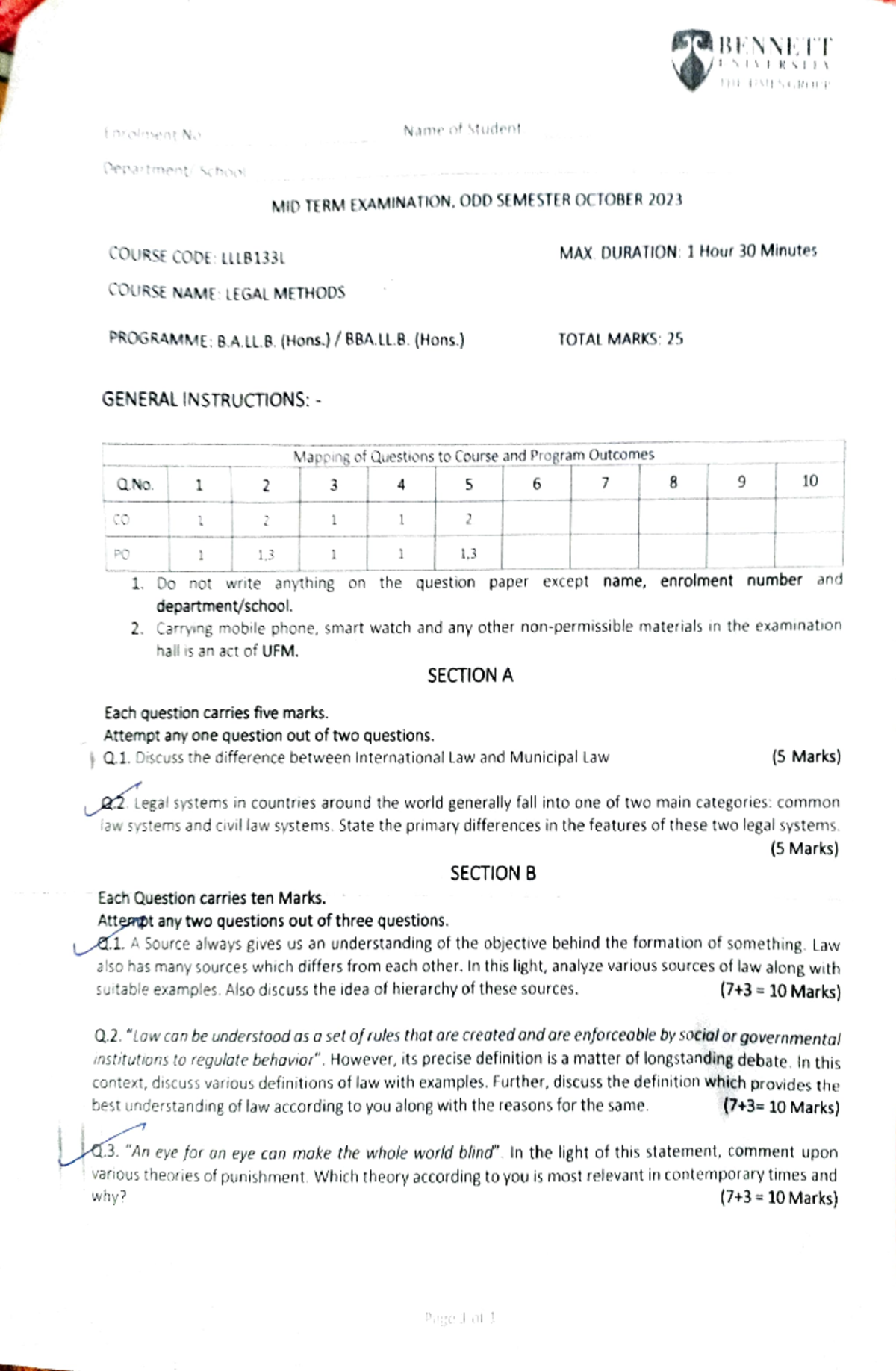 LLB133L Legal Methods Midterm Exam Paper - Bennett University 2023 ...