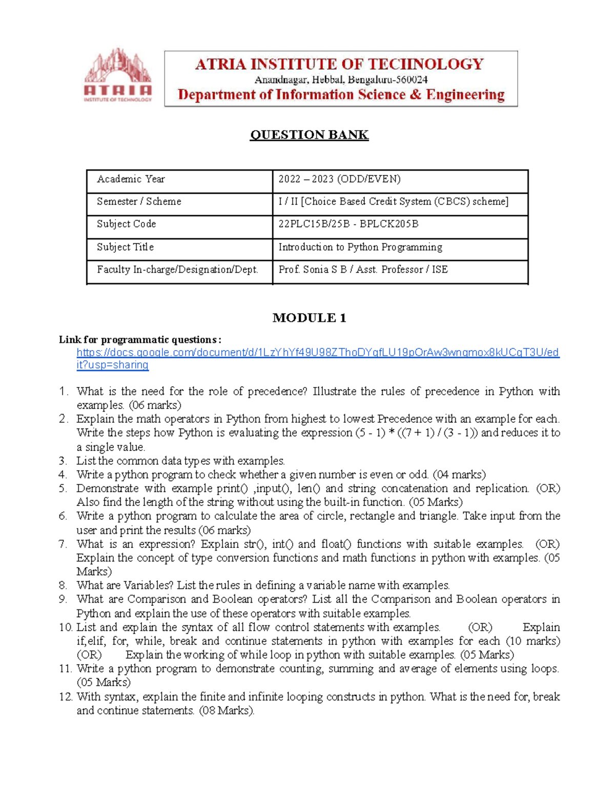 IPP - Question Bank for Introduction to Python Programming (22PLC15B ...